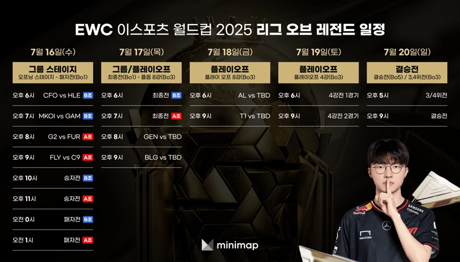 T1, 젠지, 한화생명 참전! EWC 2025 LoL 대회 일정 총정리 - 8강 대진 완성 임박 | 매거진 | 미니맵
